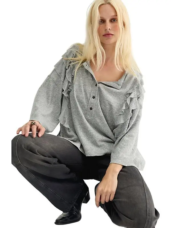 Free People Rita Ruffled Henley - Medium Heather Grey