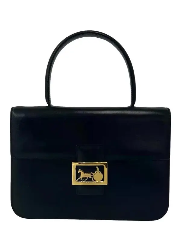 Celine 1997 Leather Logo Carriage Top Handle Bag Handbag - Black
