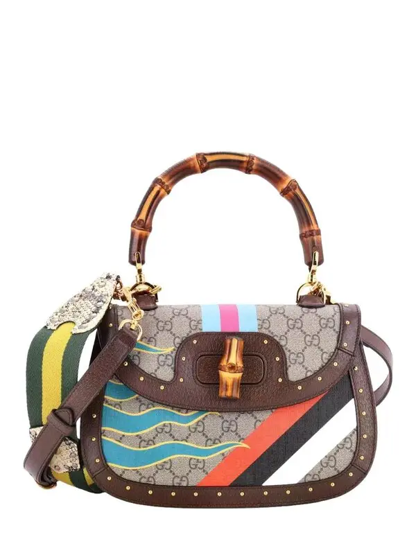 Gucci Bamboo 1947 Top Handle Bag Printed Gg Coated Canvas And Studded Leather Medium Shoulder Bag - Brown