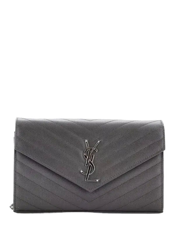 Saint Laurent Classic Monogram Wallet On Chain Matelasse Chevron Leather Medium Crossbody Bag - Grey