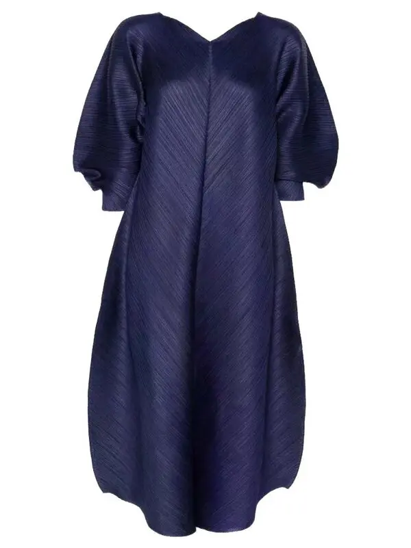 Issey Miyake Pleated Puff-sleeve Midi Dress - Blue