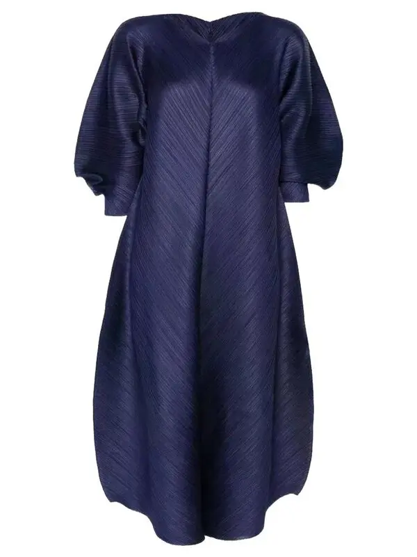 Issey Miyake Pleated Puff-sleeve Midi Dress - Blue