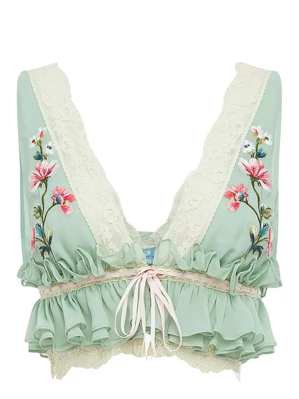 LEO LIN Fiadh Ruffled Embroidered Crop Top - Light Blue