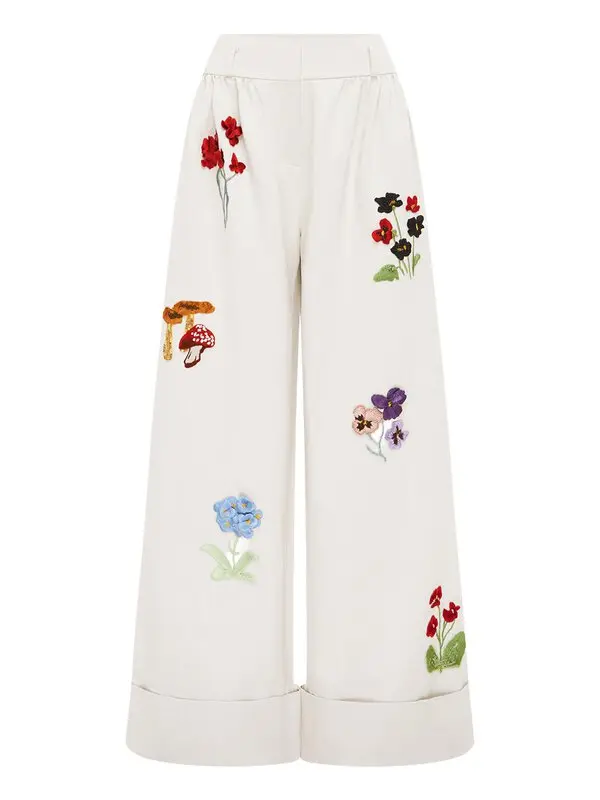 LEO LIN Nico Embroidered Cotton-linen Wide-leg Pants - White