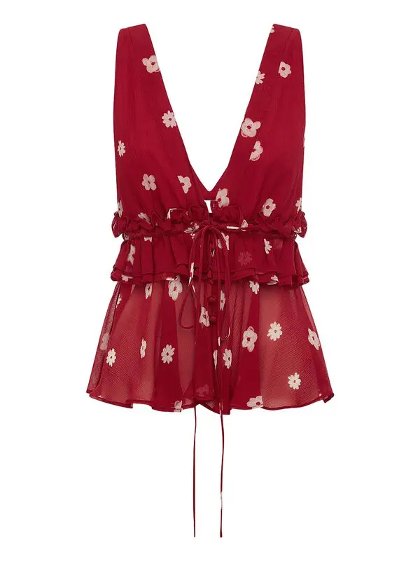 LEO LIN Briar Ruffled Chiffon Top - Red