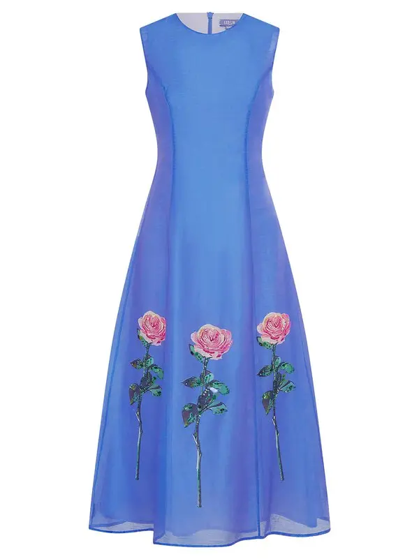 LEO LIN Cleo Embellished Linen-silk Midi Dress - Blue