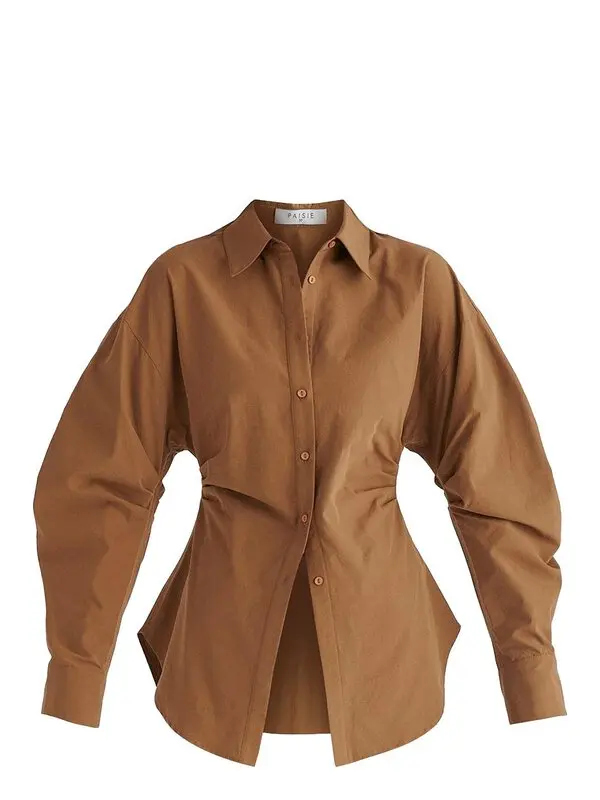 PAISIE Sculptural Ruched Waist Shirt With Volume Sleeves - Brown