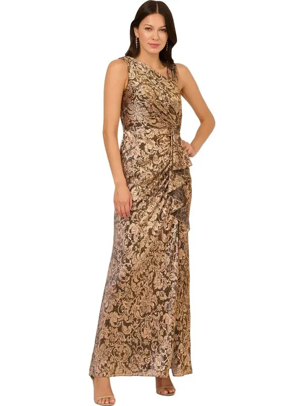Adrianna Papell Petite Sleeveless Asymmetrical Damask Metallic Gown - Chocolate