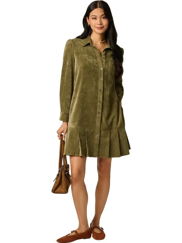 Adrianna Papell Long Sleeve Corduroy Pleated Hem Hailey Dress - Olive