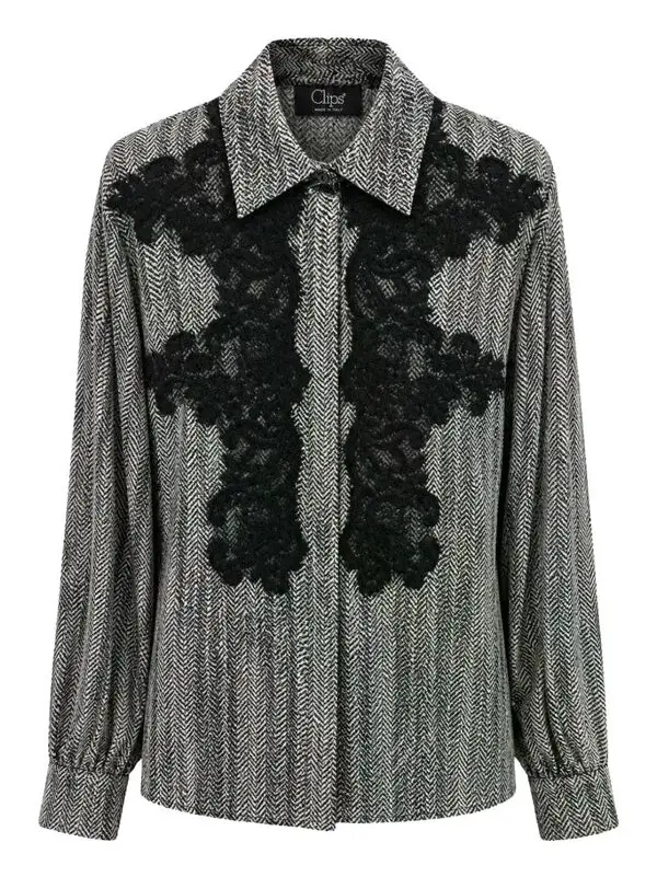 CLIPS Lace-appliqué Herringbone-pattern Shirt - Grey