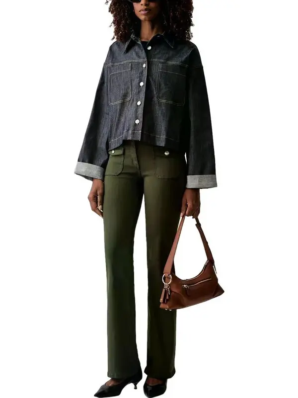 MORGAN Contrast-stitched Cropped Denim Jacket - Blue