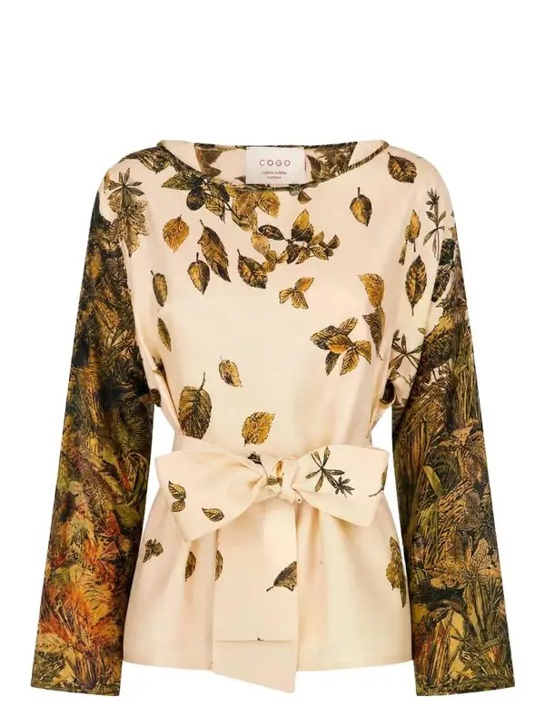 CO.GO Leaf-print Belted Blouse - Neutrals