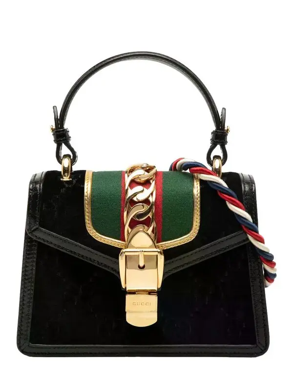 Gucci 2000-2015 Mini Gg Velvet Web Sylvie Top Handle Bag Satchel - Black