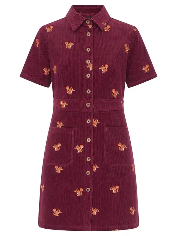 YUMI Burgundy Cord Shirt Dress With All Over Squirrel Embroidery - Red