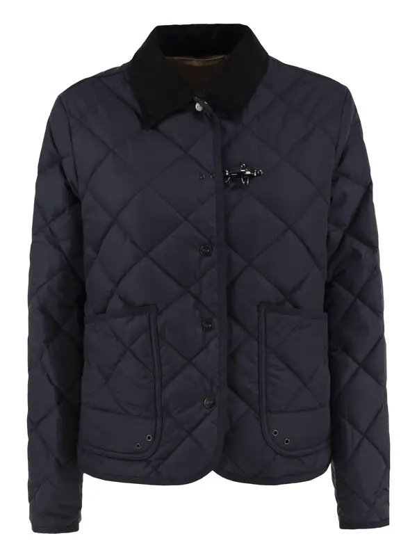 FAY Quilted Jacket With Corduroy Collar And Hook - Blue