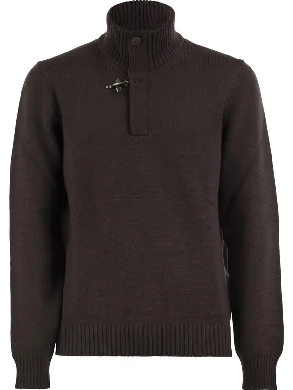 FAY Virgin Wool Jumper With High Neck And Hook Fastening - Brown