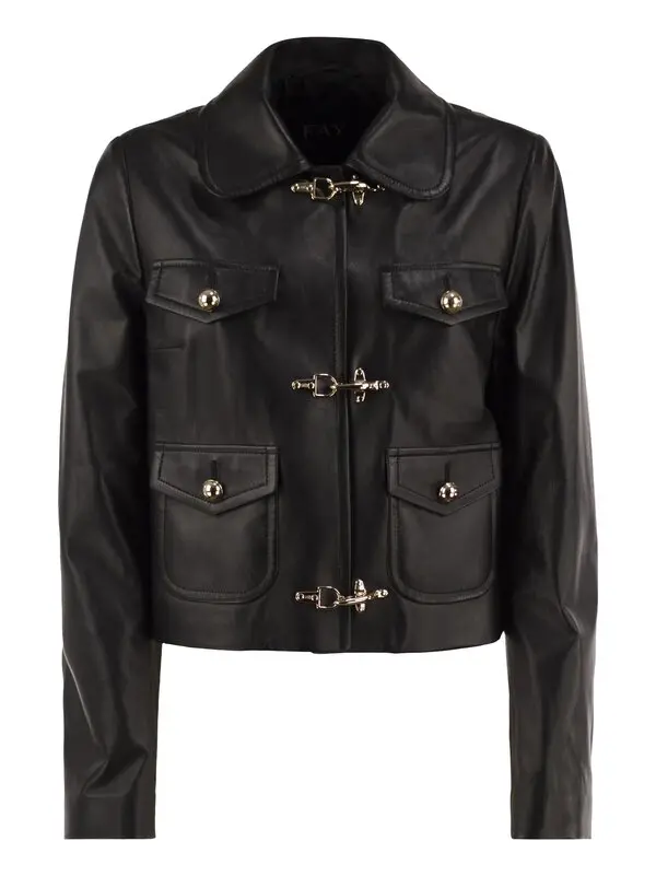 FAY Cropped Genuine Leather Jacket With Hooks - Black