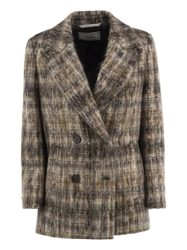 Peserico Double-breasted Mohair-blend Checked Blazer - Gray