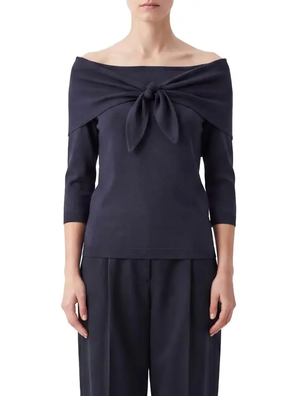 Max Mara Slim Fit Striped Wool Crewneck Jumper With Pussy-bow Neck - Blue