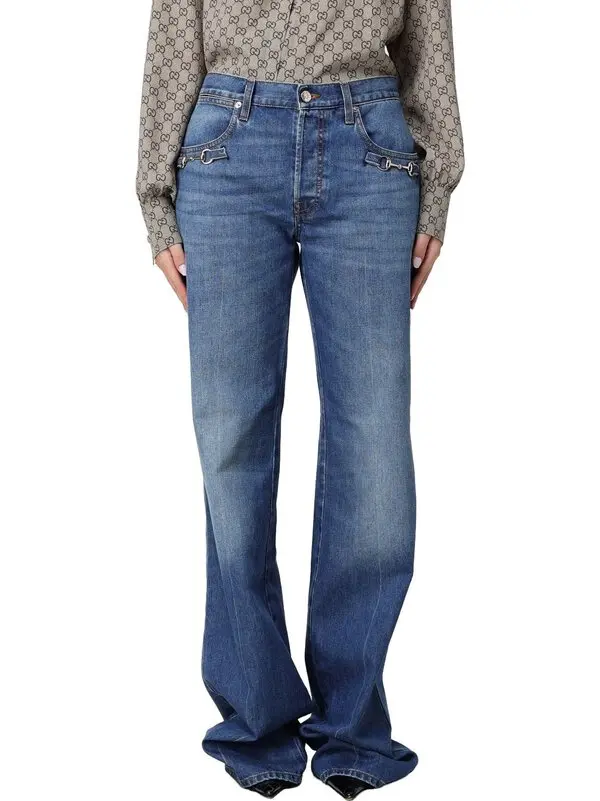 Gucci High-waisted Flared Denim Jeans With Horsebit Embroidery - Blue