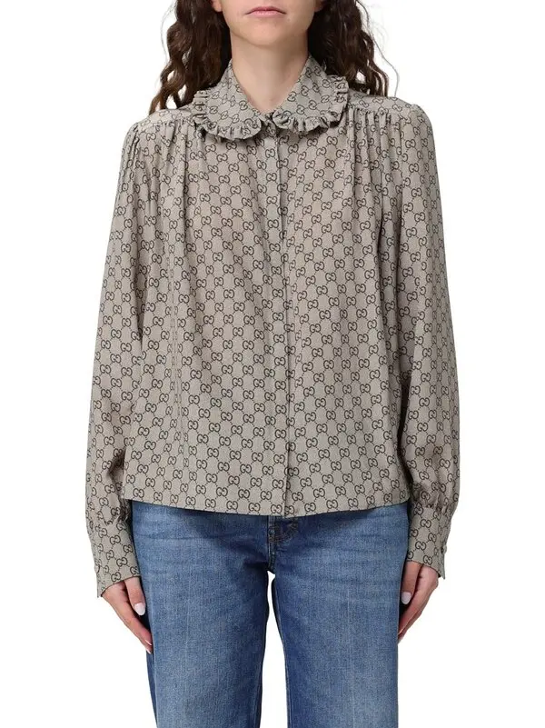 Gucci Gg Motif Silk Shirt With Peter Pan Collar - Cream