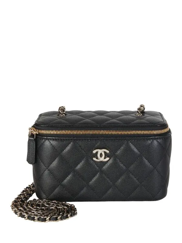 Chanel Quilted Caviar Crystal Cc Vanity Case With Chain - Black