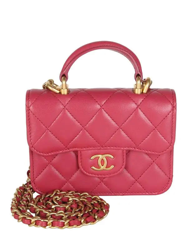 Chanel Dark Quilted Lambskin Top Handle Flap Coin Purse With Chain - Pink