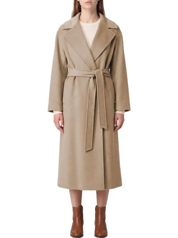 Max Mara Long Wool And Cashmere Robe Coat With Belt - Mud