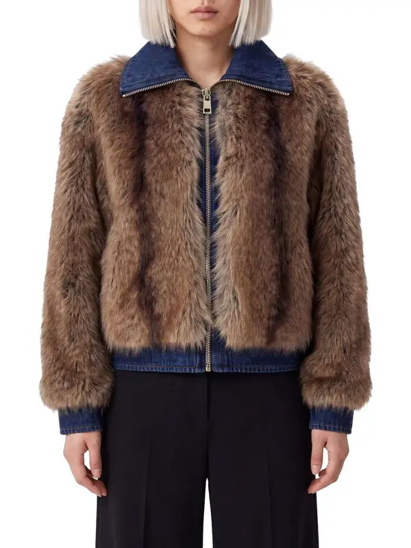 Liu Jo Cropped Faux Fur Bomber Jacket With Classic Collar - Brown