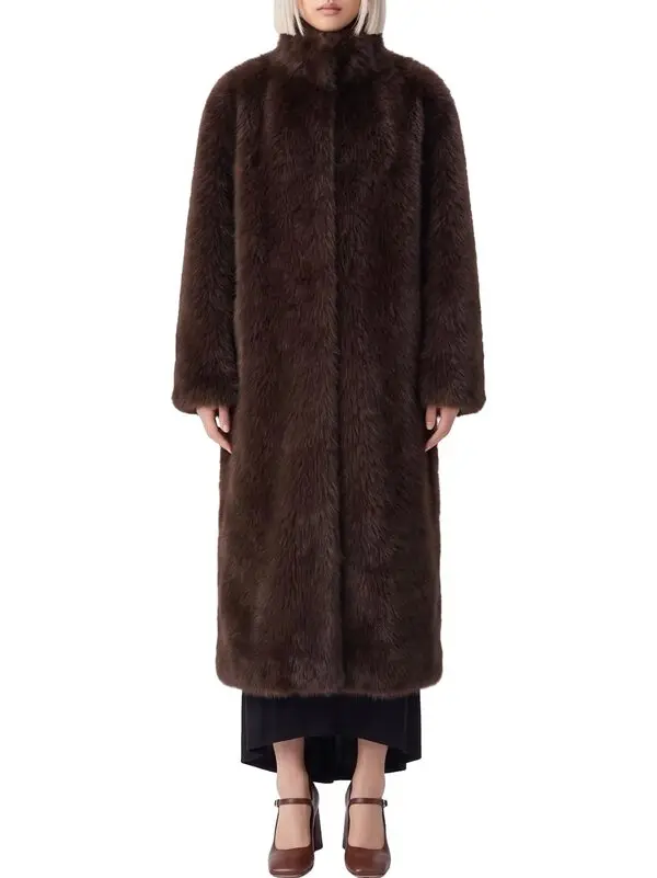 Liu Jo Single-breasted Long Faux Fur Coat With High Neck - Brown