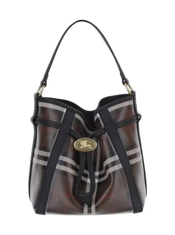 Burberry Small Vintage Check Bucket Bag With Leather Trim And Drawstring - Brown