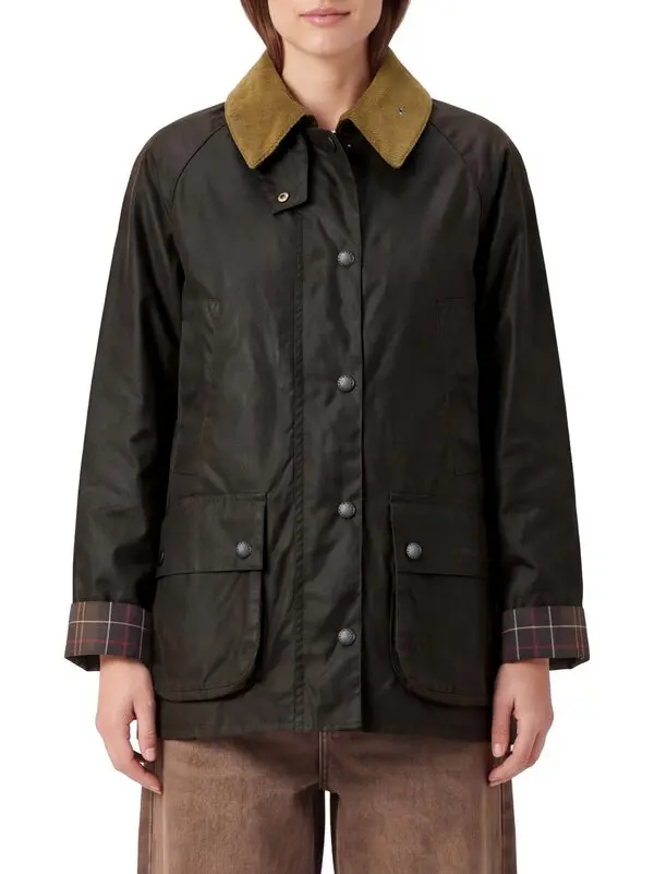 Barbour Bedale Waxed Cotton Jacket With Ribbed Velvet Collar - Olive