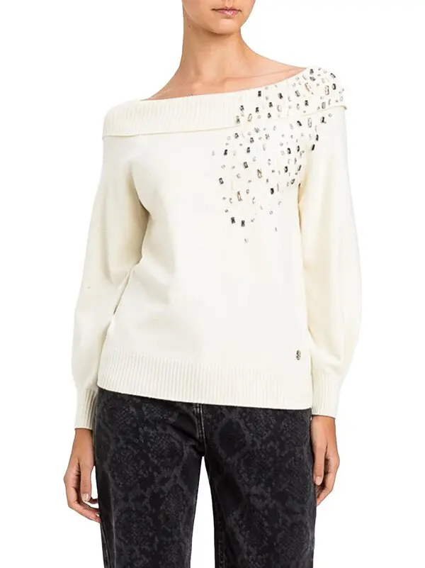 TWINSET Rhinestone-embellished Viscose-blend Crew-neck Jumper - Ivory