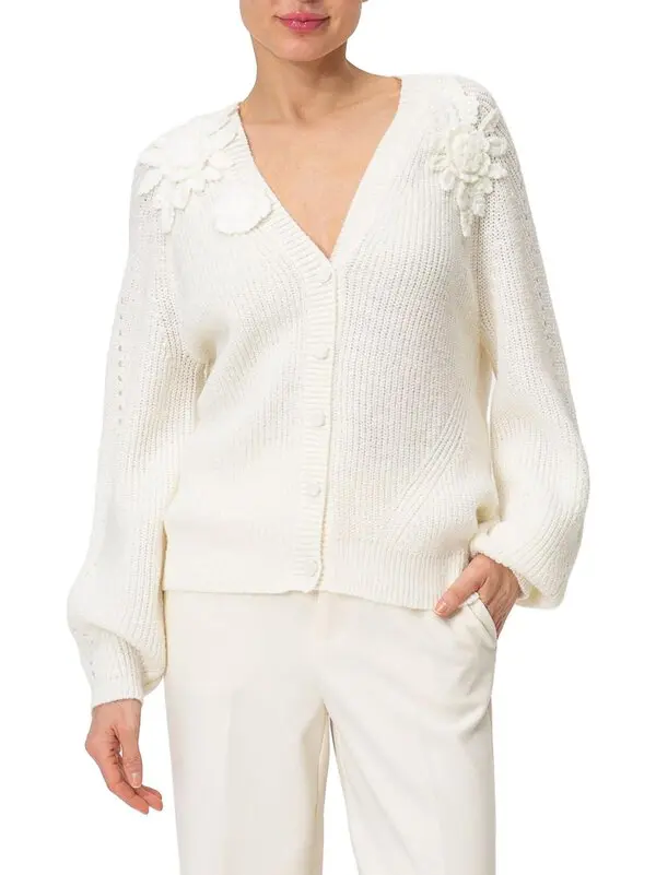 TWINSET V-neck Wool Blend Cardigan With Flower Application - Pearl