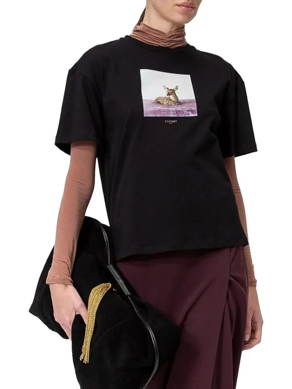 TWINSET Dropped Shoulder Cotton T-shirt With Graphic Print - Black