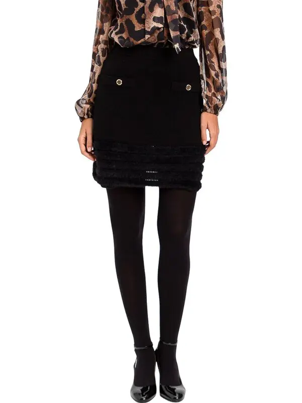 TWINSET Wool Blend Knit Pencil Mini Skirt With Fringes - Black