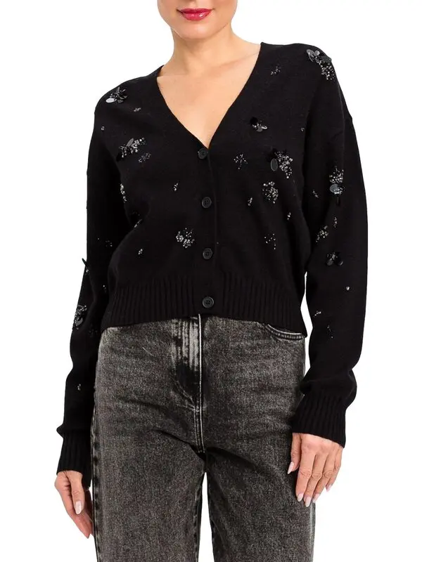 TWINSET V-neck Wool-blend Cardigan With Rhinestone Embroidery - Black