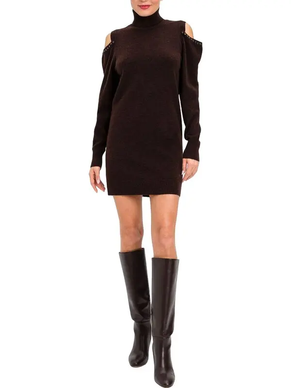 TWINSET Cut-out Turtleneck Mini Dress In Wool Blend Knit - Brown