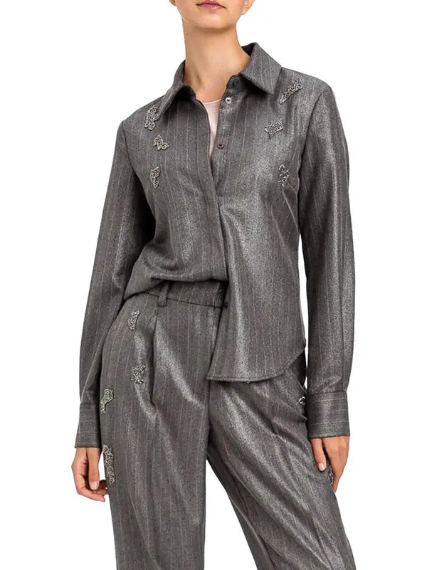 TWINSET Pinstriped Viscose Blend Shirt With Rhinestone Appliqués - Charcoal