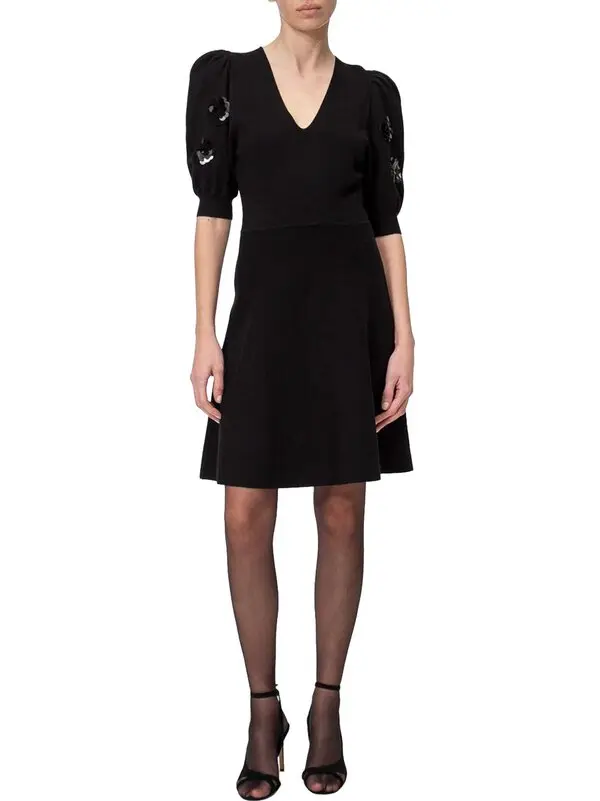 TWINSET Sequin-embroidered Knit Sheath Mini Dress With Puff Sleeves - Black
