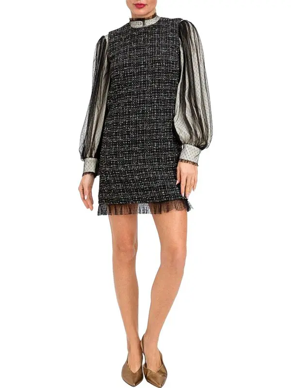 TWINSET Tweed Sheath Mini Dress With Puff Sleeves And Mandarin Collar - Black