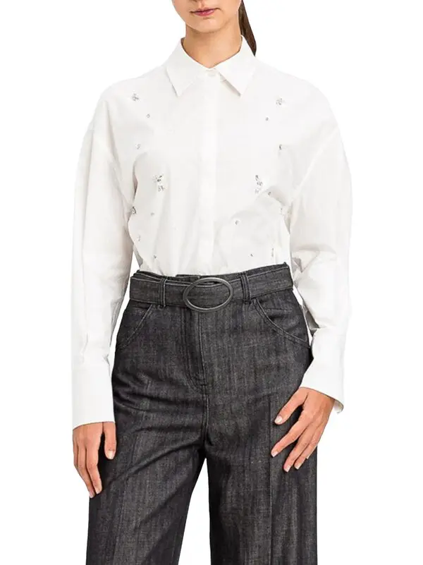 TWINSET Cotton Poplin Shirt With Rhinestone Embroidery And Dropped Shoulders - White