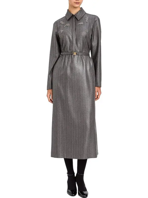 TWINSET Belted Pinstripe Midi Shirt Dress In Viscose Blend - Charcoal