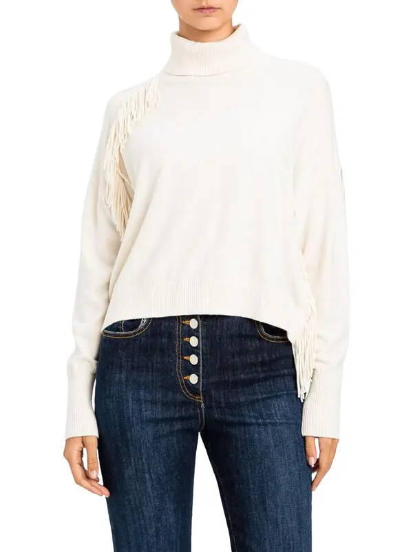 TWINSET Relaxed Fit Cashmere Blend Turtleneck Jumper With Fringes - White