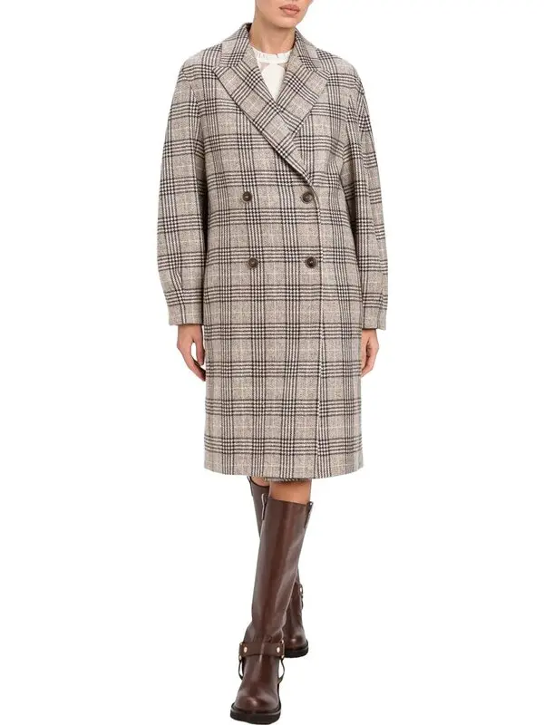 TWINSET Prince Of Wales Check Double-breasted Coat In Wool Blend - Coffee