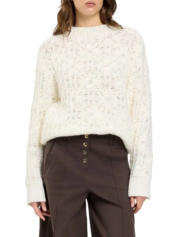 TWINSET Openwork Wool-blend Crewneck Jumper With Embellishments - Pearl
