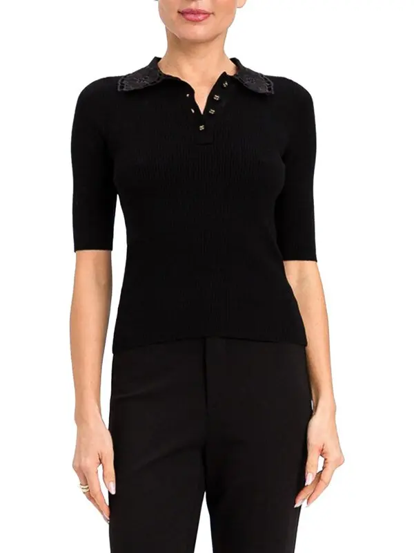 TWINSET Slim Fit Ribbed-knit Polo Shirt With Lace Collar - Black
