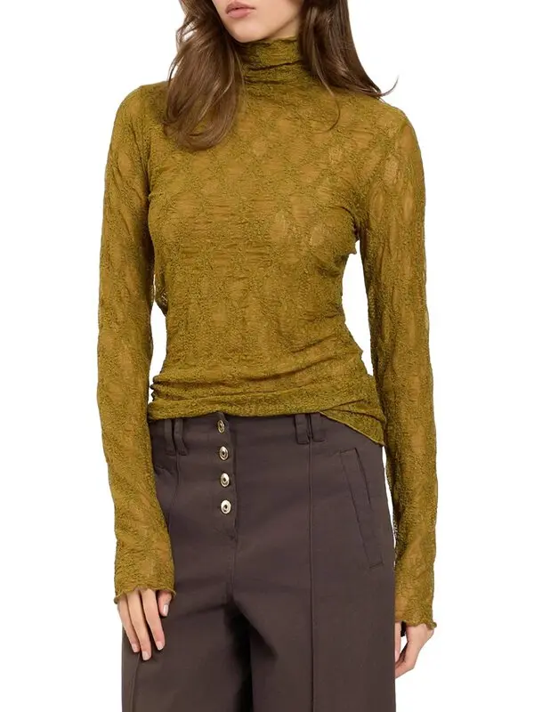 TWINSET Slim Fit Nylon Turtleneck Top With Lace Inserts - Green