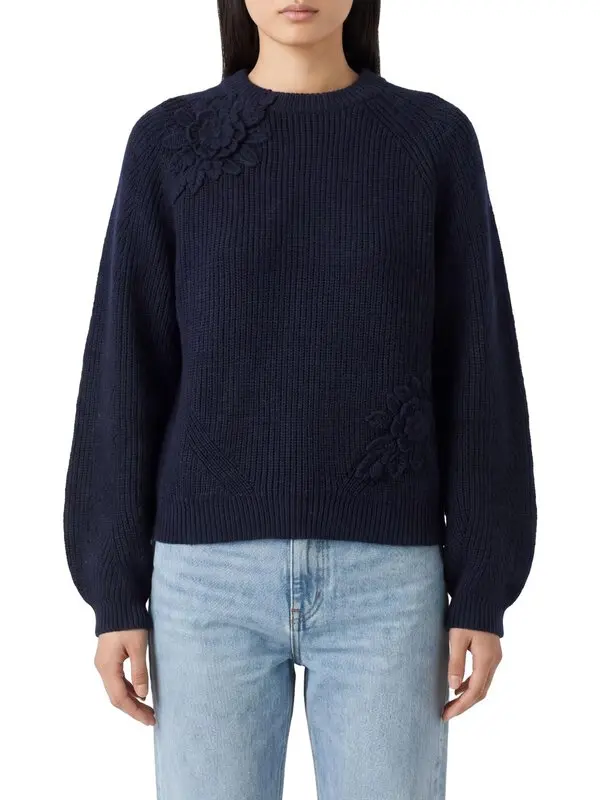 TWINSET Wool Blend Crewneck Jumper With Floral Embroidery Appliqu - Blue