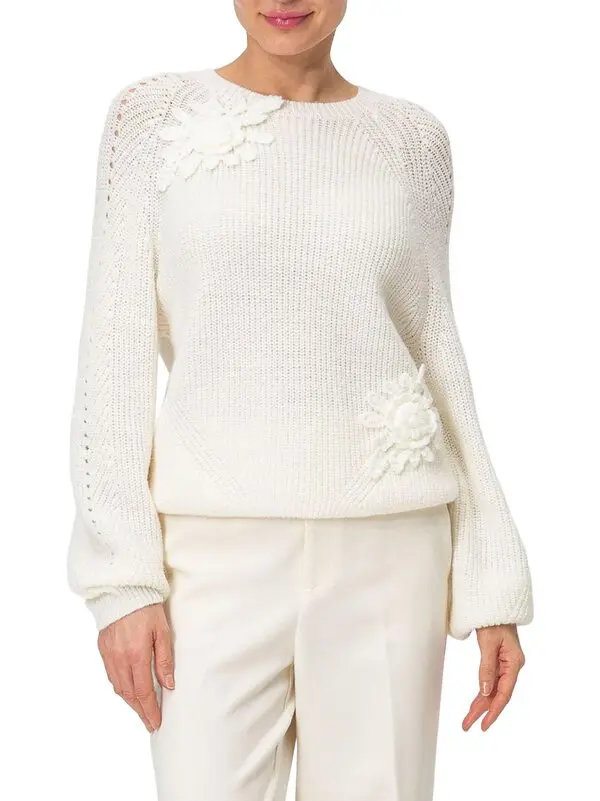 TWINSET Wool Blend Crewneck Jumper With Floral Embroidery Appliqu - Pearl